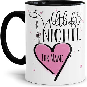 Tassendruck Keramik Tasse - Weltliebste Nichte - zum selbst gestalten mit Name - Geschenk für die beste Nichte - Innen & Henkel Schwarz, 300 ml