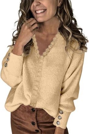 Generic Pull d&eacute;contract&eacute; en dentelle et col en V pour femme - Couleur unie - L&eacute;ger - Pour un usage quotidien, beige, 3XL
