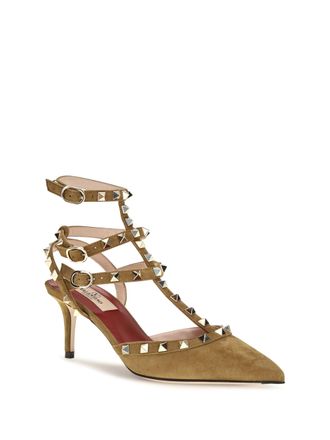 Valentino Garavani Womens Rockstud Suede Pumps Havana Beige High Heel Shoes