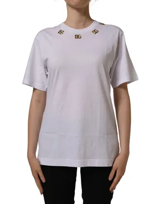 Dolce & Gabbana Womens White Cotton Gold Dg Logo Crew Neck T-Shirt