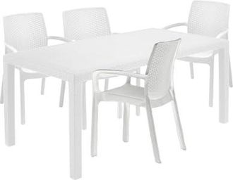Dmora Outdoor-Lounge-Set Roccaraso, Outdoor- und Indoor-Lounge-Set, Fester rechteckiger Tisch mit 4 stapelbaren Stühlen, Made in Italy, Weiß