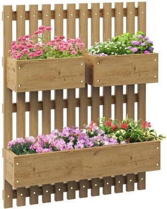 OUTSUNNY Jardini&egrave;re murale avec treillis - lot de 3 jardini&egrave;res murales - dim. 60L x 16l x 80H cm - bois de sapin pr&eacute;-huil&eacute;