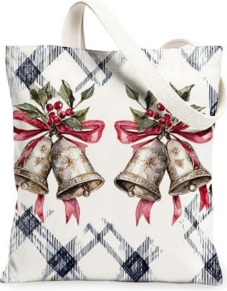 Generic Sacs fourre-tout vintage en toile, motif cloche festive, sacs d&eacute;picerie r&eacute;utilisables, l&eacute;gers et lavables en toile avec bandouli&egrave;re, Blanc, 13x15 Inch
