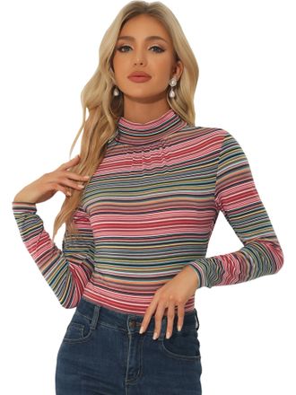 Allegra K Damen Pullover Langarm Rollkragen Slim Fit Herbst Winter Kariert Top Bluse Oberteil Rot gestreift XS