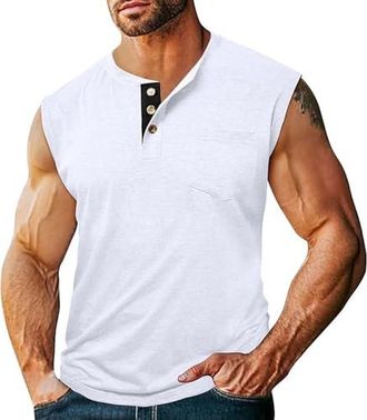 Generic T-shirts sans manches pour hommes, d&eacute;bardeur Henley avec boutonni&egrave;re, d&eacute;bardeur l&eacute;ger et doux avec col en V et poche, col montant d&eacute;contract&eacute;, t-shirt