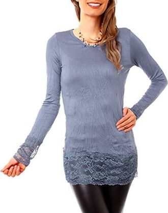 Easy Young Fashion T-shirt &agrave; manches longues pour femme avec dentelle, sous-pull skinny extra long, bleu jeans, S-M