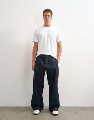 Topman jean coupe baggy rigide &agrave; plis en denim brut-Bleu