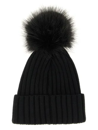 Moncler Ribbed Wool with Fur Pompom Beanie - Black