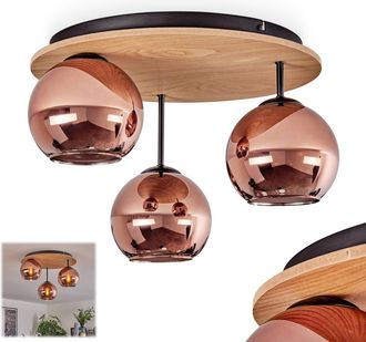 HOFSTEIN Deckenleuchte Koyoto, Deckenlampe aus Metall/Holz/Glas in Schwarz/Natur/Kupferfarben, Leuchte im modernen Retro/Vintage-Design mit Schirmen aus Glas (