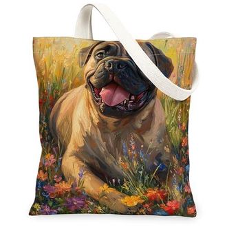 Generic Sac fourre-tout en toile motif chien Mastiff de printemps 33 x 38,1 cm, motif fleurs color&eacute;es, sac d&eacute;picerie r&eacute;utilisable pour femme, animal de compag