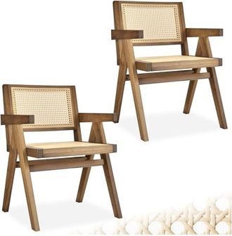 TecTake Lot de 2 Chaise de Salle &agrave; Manger Design en Ch&ecirc;ne Bois massif & Cannage Chaise de table &agrave; manger avec Accoudoirs Chaise Confortable pour coiffeuse, ch