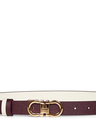 Ferragamo Womens Belt Gancini Calf Leather Plum-Mascarpone Cream Burgundy