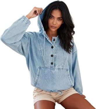 Generic Veste à capuche en jean léger pour femme, pull décontracté à manches longues avec poche et cordon de serrage, bleu clair, XXL