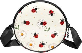 Generic Sac &agrave; bandouli&egrave;re rond pour femme, motif coccinelles, fleurs, petit sac &agrave; bandouli&egrave;re avec fermeture &eacute;clair, bretelles r&eacute;glables, sac &agrave; main rond d&eacute;co