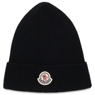 Moncler L20913B70500 Ribbed Virgin Wool Beanie - Black