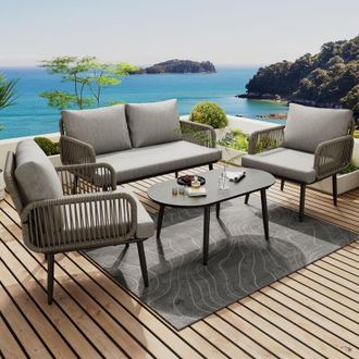 STILVORA Salon de Jardin avec 1 Canap&eacute; 2 Places, 2 Fauteuils et 1 Table Basse Effet Bois, pour Terrasse, Acier Galvanis&eacute;, Polyester, Gris