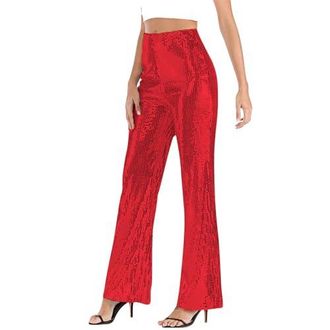 Generic Pantalon &eacute;vas&eacute; ample doubl&eacute; de couleur unie avec paillettes transparentes pour femme, Rouge, S