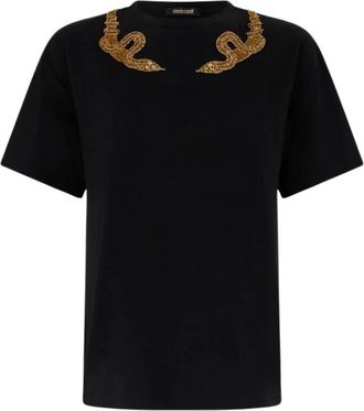 Roberto Cavalli Femme, Tops, Noir, Taille: 42 FR T-Shirt avec Broderie Serpent