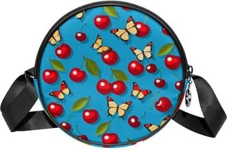Generic Sac &agrave; bandouli&egrave;re rond pour femme, motif cerises, papillons, petit sac &agrave; bandouli&egrave;re avec fermeture &eacute;clair, bretelles r&eacute;glables, sac &agrave; main rond d&eacute;con