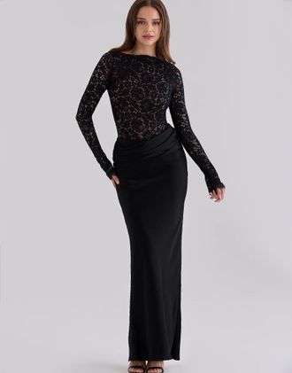 House of CB Yasmeen robe longue drap&eacute;e en dentelle cord&eacute;e et satin noire