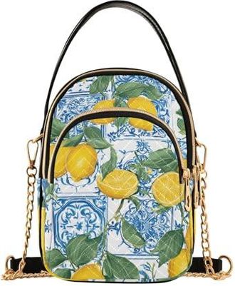 Mnsruu Sac à bandoulière pour femme, motif feuilles de citron, carreaux bleus, sac à main, petit sac à bandoulière avec sangle réglable