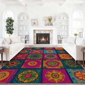 Generic Moderne Antid&eacute;rapant Tapis Color&eacute; - Doux R&eacute;sistant Lavable en Machine Tapis &agrave; Motif Style Boh&egrave;me Traditionnel Mandala &Agrave; Carreaux Poil Ras Moquette pou