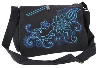 Guru Shop Bestickte Boho Schultertasche, Hippie Tasche aus Nepal - Schwarz/t&uuml;rkis, Baumwolle, 23x28x12 cm