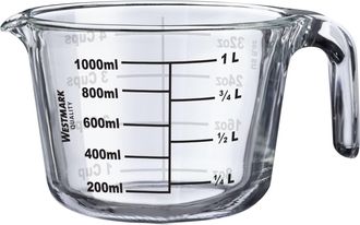 Westmark Messkanne, Füllvolumen: 1 l, Backofenfest, Mikrowellengeeignet, Gefrierschrankgeeignet, Borosilikatglas, Transparent/Schwarz, 30632260