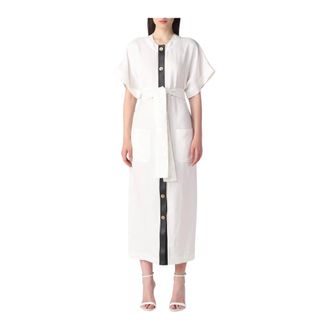 Ferragamo Robe Mi-longue en Soie et Lin &agrave; Col Rond - Femme - Robes - Blanc - Taille: 42 FR