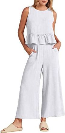 Generic Ensemble 2 PièCes Femme Coton Et Lin ÉTé À Col Rond DéBardeur BoutonnéEs Au Dos à Volants sans Manches Et Pantalon Large avec Poches Tenue De Plage Dé