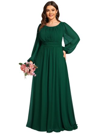 Ever-pretty Abendkleider Elegantes Damen F&uuml;r Hochzeit Lang Langarm Brautjungfernkleid Chiffon V-Ausschnitt Ballkleider Dunkelgr&uuml;n 42