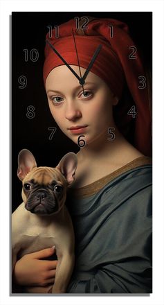 Wallario Design-Wanduhr, Acrylglasuhr Größe 30 x 60 cm, Schwarze Zeiger, Motiv Dame mit Hund