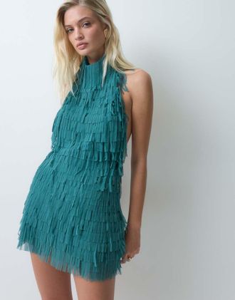 Asos Minikleid mit Ribbon-Fransen und Neckholder in Petrol-Blau