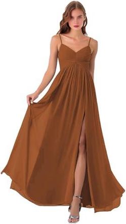 Generic Robe de demoiselle dhonneur en mousseline de soie avec poches et bretelles spaghetti et col en V avec fente, orange brûlé, 46