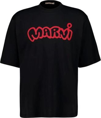 Marni Homme, Tops, Noir, Taille: M T-shirt Noir en Coton avec Logo Rouge