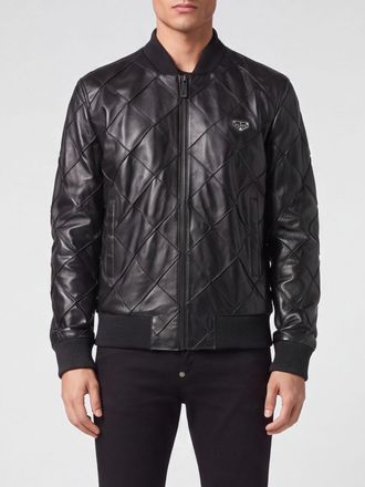 Philipp Plein Blouson aviateur en cuir matelass&eacute; avec fermeture &eacute;clair et logo appliqu&eacute;