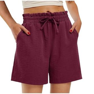 Generic Short en lin pour femme - Taille haute &eacute;lastique - D&eacute;contract&eacute; avec poches - Pantalon de d&eacute;tente pour femme, bordeaux, XXL