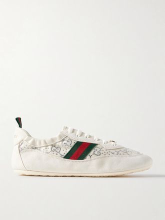 Gucci Baskets En Résille Et En Daim À Finitions En Cuir, Ruban Web Et Ornements Swift - Blanc cassé
