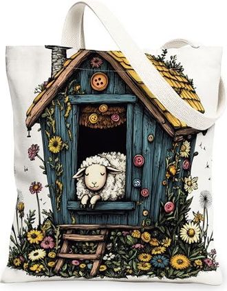 Generic Sac fourre-tout en toile de mouton printanier pour le shopping, 33 x 38,1 cm, sac d&eacute;picerie r&eacute;utilisable pour femme, motif fleurs sauvages, plage, est