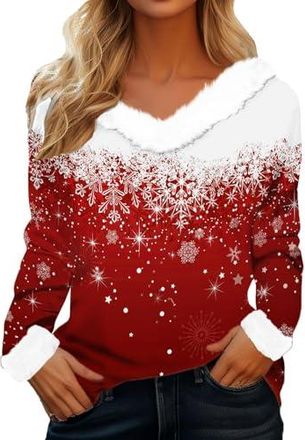 Generic Pull de No&euml;l moelleux pour femme avec bordure en fausse fourrure pelucheuse &agrave; manches longues et col en V, A04-vin, XL