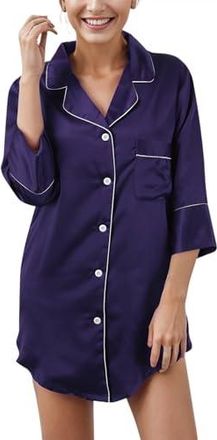 Generic Chemise de nuit en satin &agrave; manches longues pour femme - Chemise de nuit boutonn&eacute;e - Pyjama d&eacute;t&eacute; pour femme, noir fonc&eacute;, S