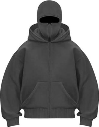 Minetom Sweat À Capuche Homme Sweat Zippé Veste Chaude Hoodie Cagoule Moto Masque Anti-Vent Sweat pour Sports De Plein Automne Hiver A Gris XL