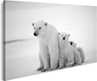 Islandburner Tableau sur toile ours blanc avec chiots ours polaire avec deux chiots dans la neige, tableaux imprim&eacute;s pour salon