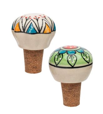 Tranquillo 2 St&uuml;ck Flaschenverschluss FLORAL wei&szlig;/gr&uuml;n aus Keramik und Kork, Weinflaschenverschluss Sektflaschenverschluss Glassflaschen, 1,8 x 1,8 x 2,4 cm