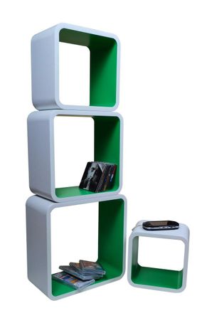 Cube Verstärkte Vielen Farben MDF Retro Design 4er Set Regal Regale Wandregal Deko Würfel CD DVD Lounge LO02 (Weiß/Grün)