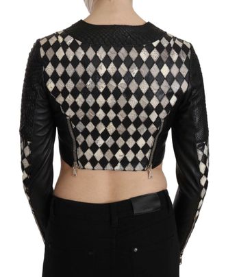 John Richmond Womens Argyle Patterned Leather Jacket Black