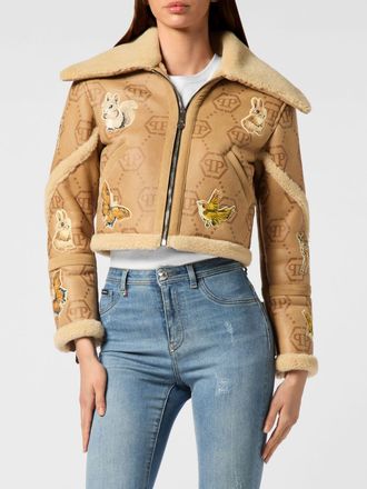 Philipp Plein Veste courte en peau lain&eacute;e avec imprim&eacute; papillon et col en fourrure