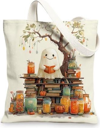 Generic Sacs fourre-tout en toile motif fantôme mignon, sacs dépicerie réutilisables, légers et lavables avec bandoulière, blanc, 13x15 Inch