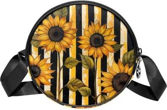 Generic Petit sac &agrave; bandouli&egrave;re rond pour femme, motif tournesol avec fermeture &eacute;clair, bretelles r&eacute;glables, style d&eacute;contract&eacute;, pour femmes et filles