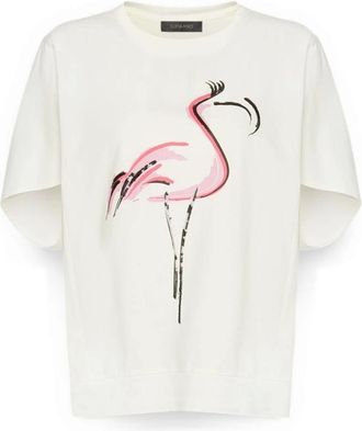 Elena Miro Femme, Tops, Blanc, Taille: 46 FR T-shirt en coton imprim&eacute; avec strass